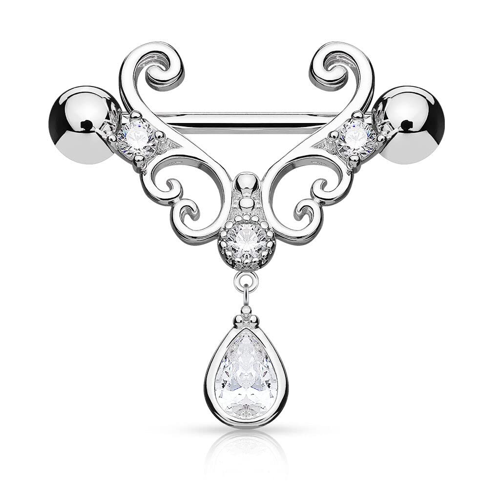 Pair of CZ Tear Drop Dangle Heart 14K Gold Plated Nipple Rings Barbell 14g 9/16" - Silver