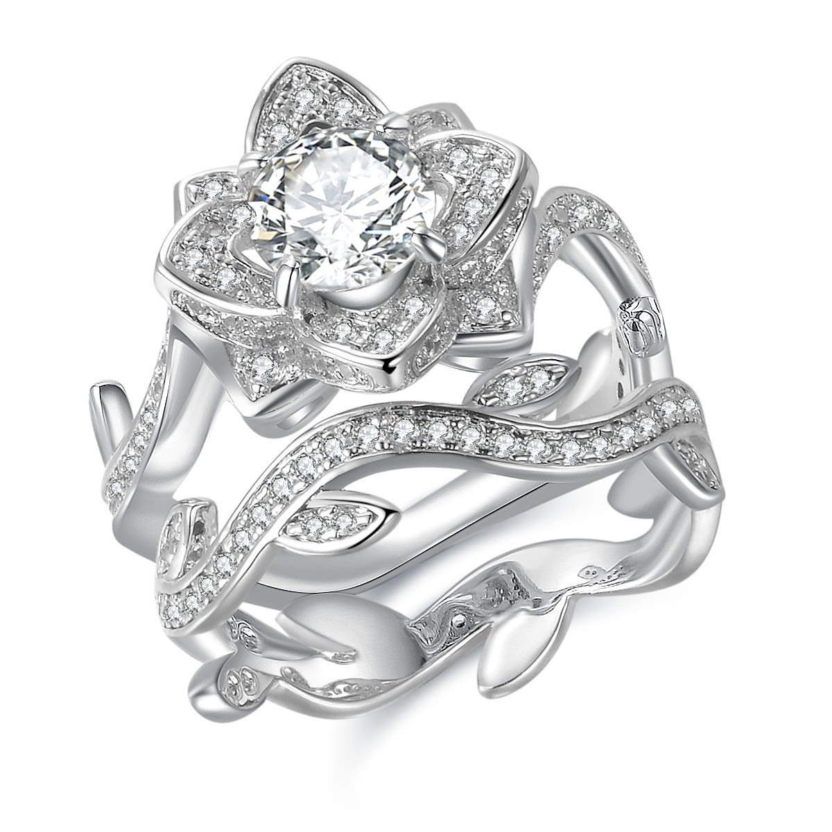 Newshe Flower Wedding Rings for Women Engagement Ring 925 Sterling Silver Round White Cz Size 9.5