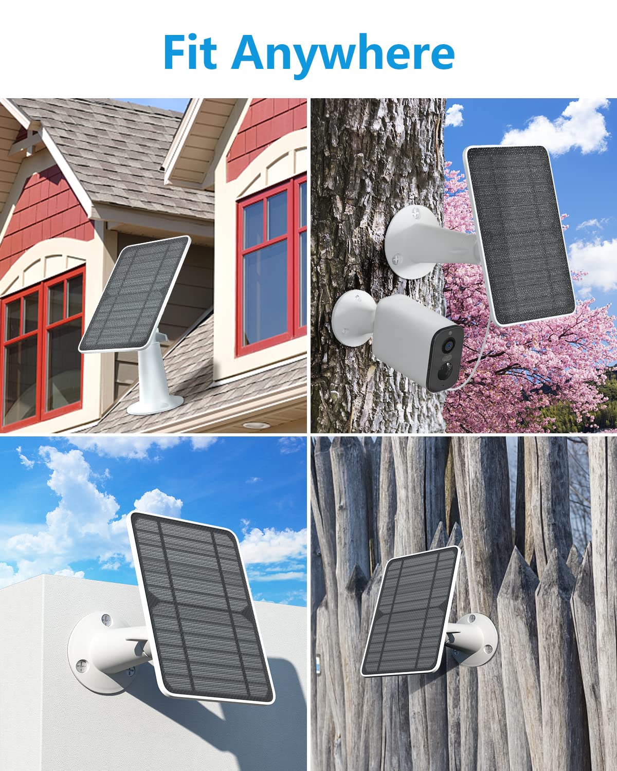 Solar Panel Compatible with Eufycam 2C/2C Pro/E40/E20/2/2 Pro/E, 5V 4W Solar Panels for Camera, Continuous Power Supply, Micro USB & Type-C Port 9.8ft Cable, IP65 Waterproof, Secure Wall Mount, 2 Pack