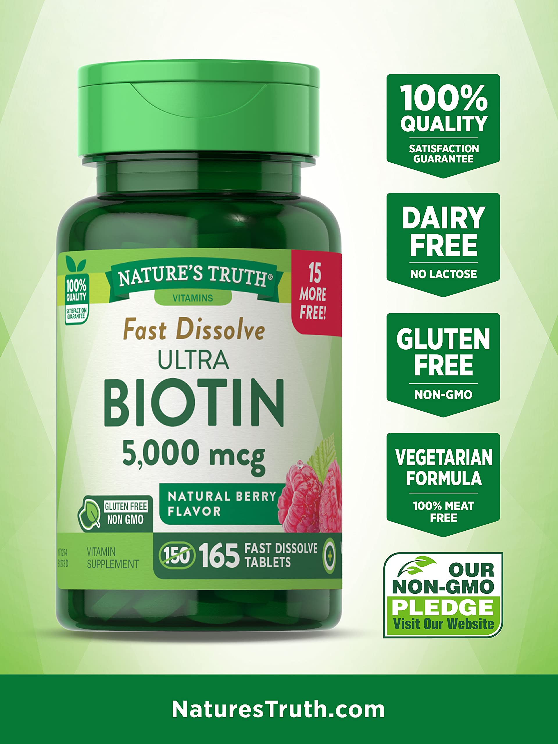 Nature's Truth Ultra Biotin 5000mcg | 165 Fast Dissolve Tablets | Hair Skin and Nails Supplement | Natural Berry Flavor | Vegetarian, Non-GMO, Gluten Free