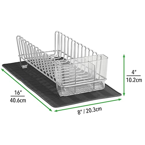 mDesign Steel Sink Dish Drying Rack/Dish Drainer Storage Organizer w/Wire Drainer, Drying Mat for Kitchen Counter, Easy Drain/Dry Dishes, Plate, Utensil - Concerto Collection, Set of 2 - Chrome/Gray