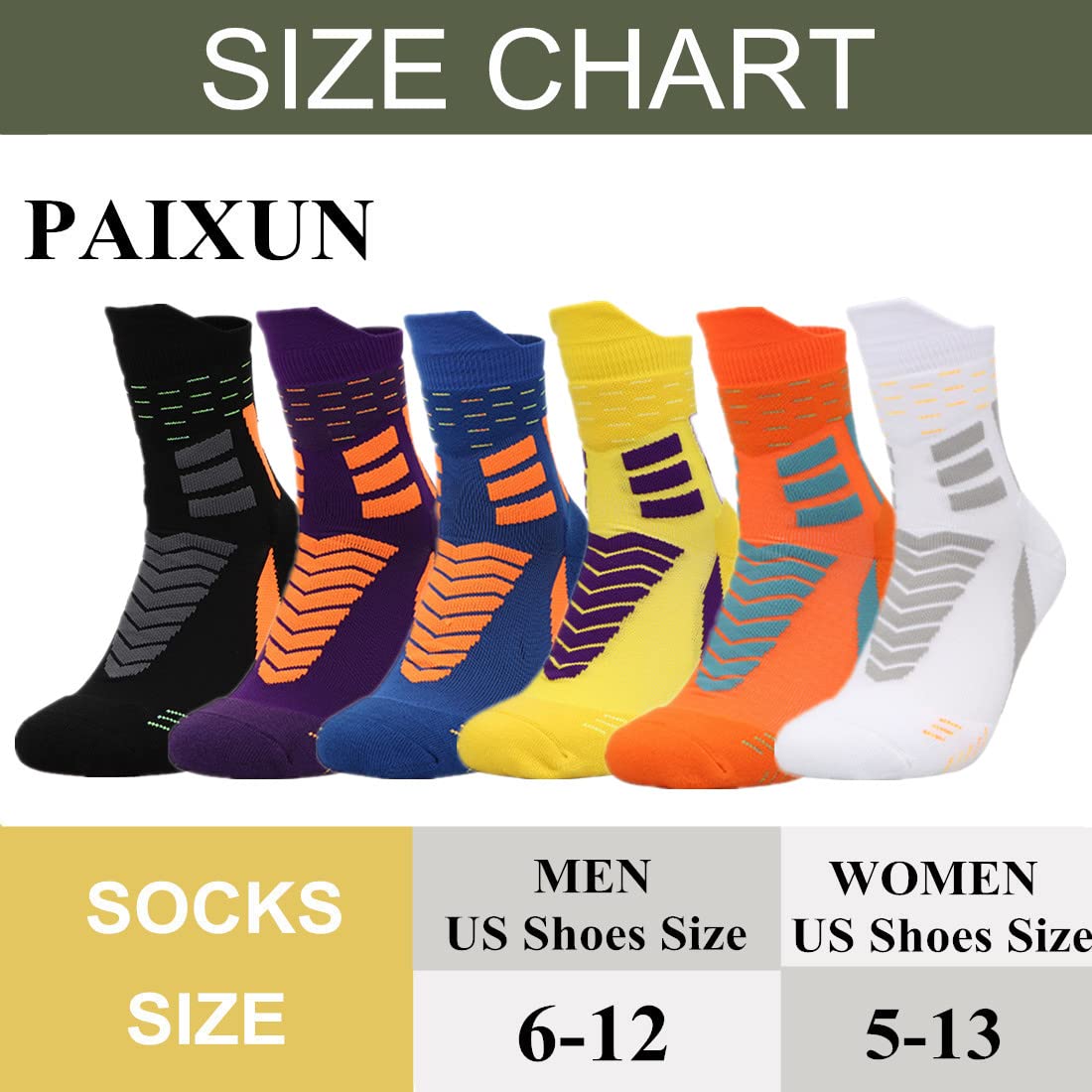 PAIXUN Mens Compression Socks For Men 100% Cotton Athletic Running Workout Size 6-14 Basketball Socks Ankle Crew Socks