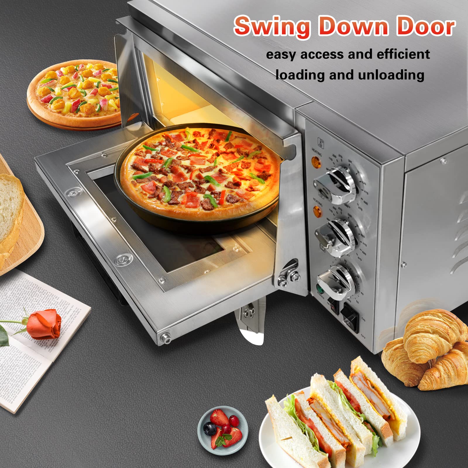 Pizza Oven Countertop Indoor 23'' Stainless Steel Commercial Pizza Oven Single Layer Deck Deluxe Pizza Maker Multipurpose Snack Oven for Restaurant Kitchen Home