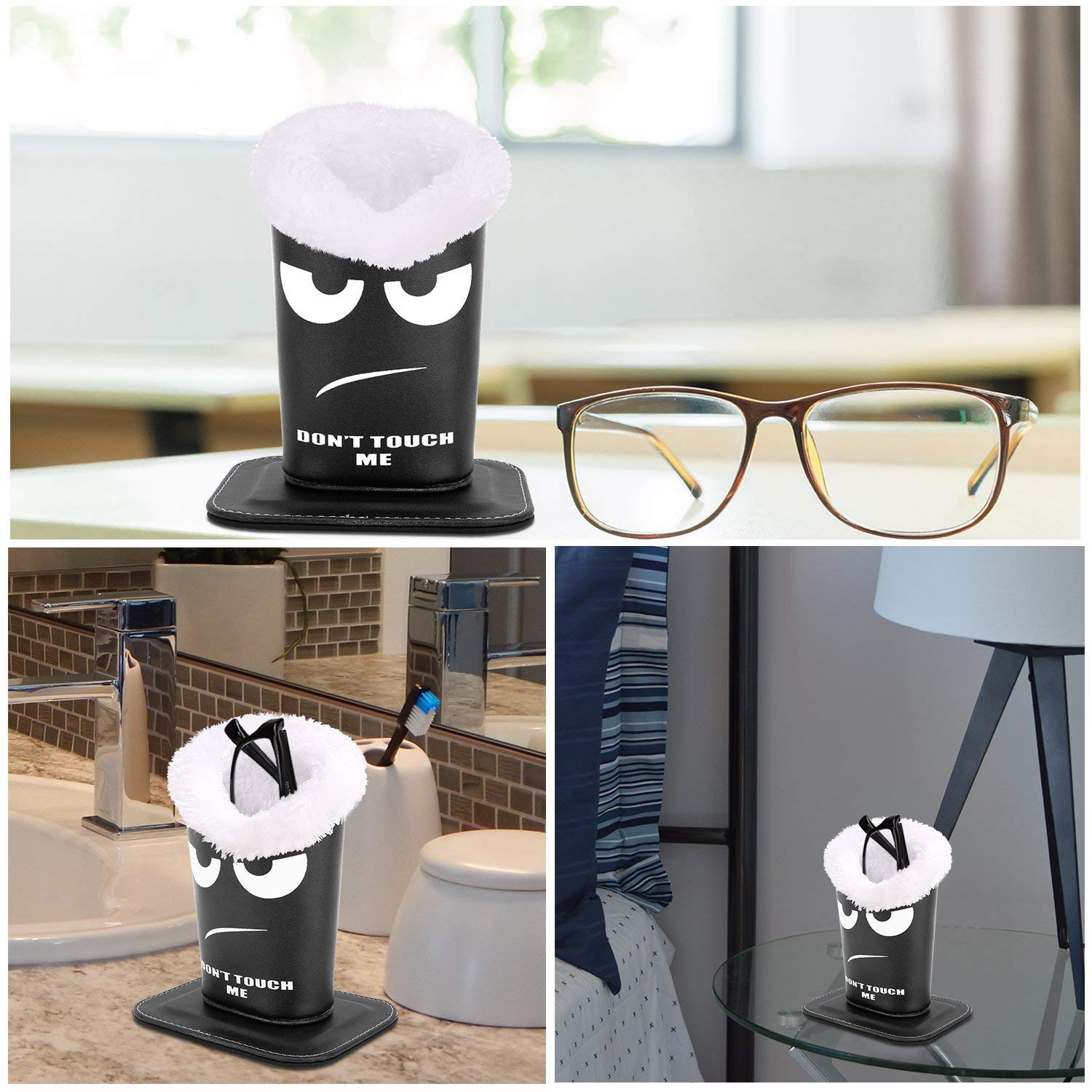 MoKo Eyeglasses Holder, Modern Velvet Plush Lined PU Leather Household Magnetic Holder Protective [Anti-scratch] [Dustproof] Stand Case for Eyeglass and Sunglasses, Don''t Touch Me Black