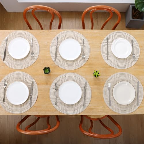 SHACOS Round Braided Placemats Set of 4 Washable Table Placemats Cotton Polyester Place Mats 15 inch Circle Table Mats for Holiday Party (Ivory, 4)