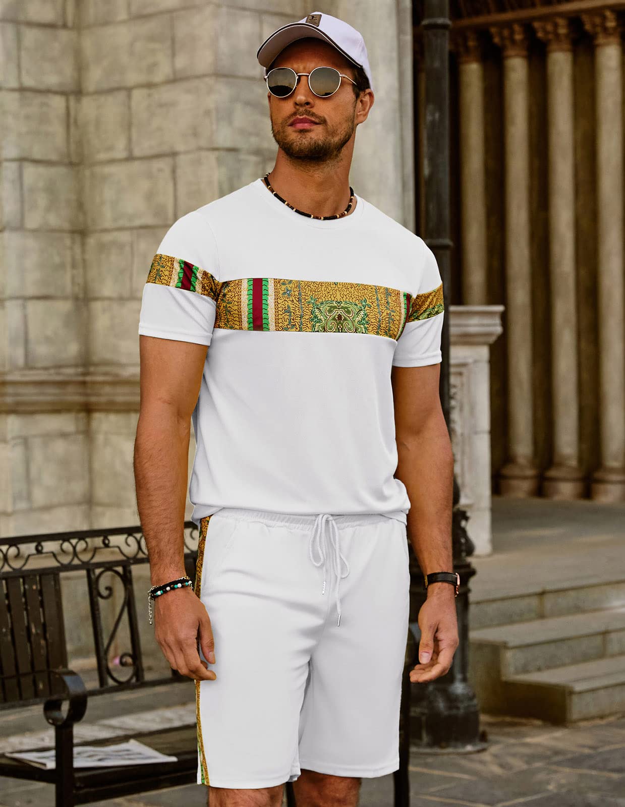 PJ PAUL JONES Mens Casual T Shirts and Shorts 2pcs Set Summer Printed Outfits