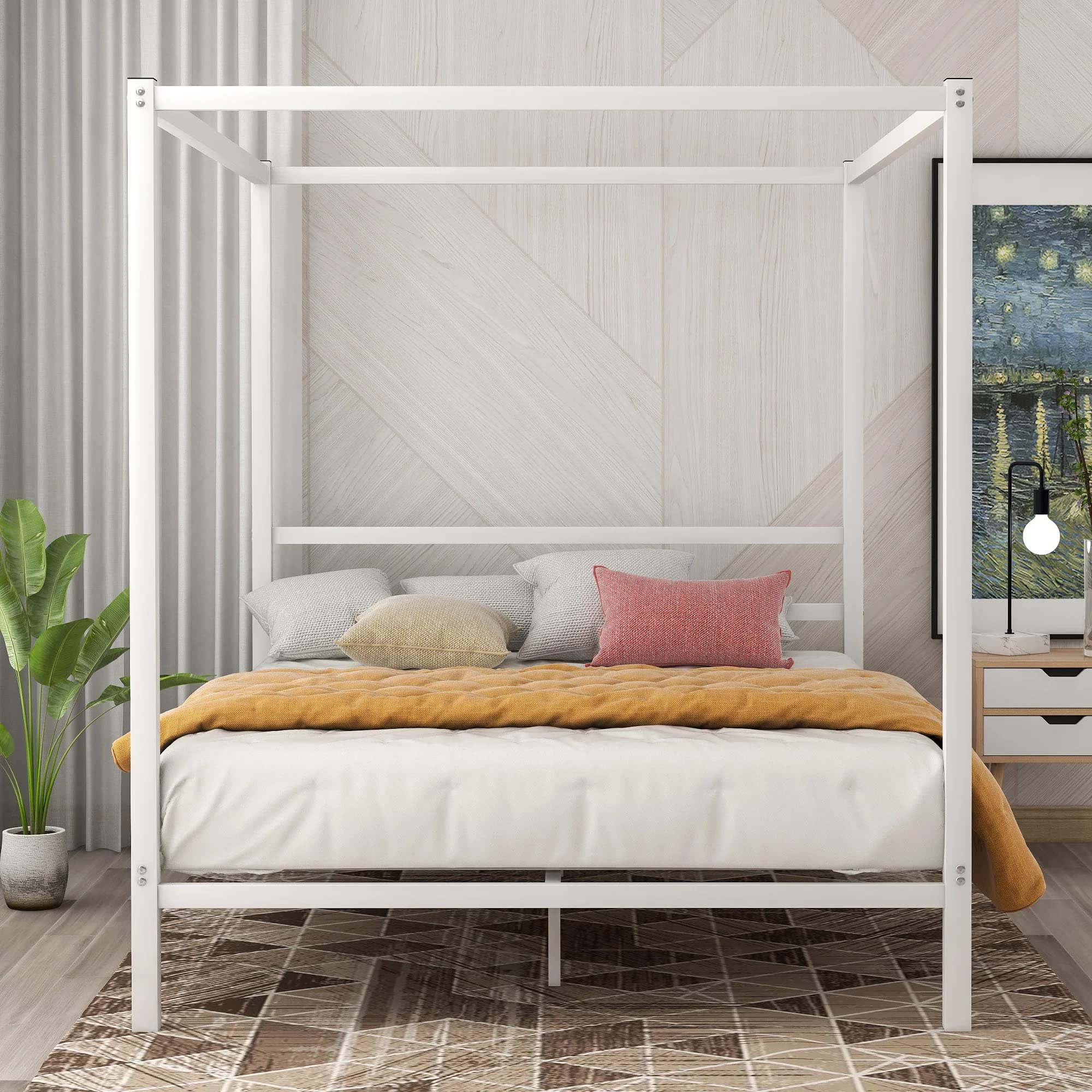 Metal Framed Canopy Platform Bed with Built-in Headboard,No Box Spring Needed, Classic Design, Queen,White