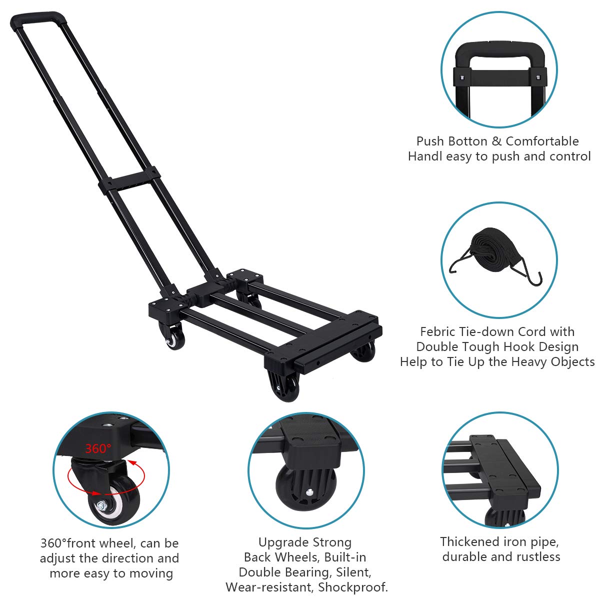 Orange Tech Folding Hand Truck, 220 lbs Heavy Duty Luggage Cart, 4 Wheels Solid Construction, Portable Fold Up Dolly, Compact and Lightweight for Luggage, Personal, Travel, Moving and Office Use