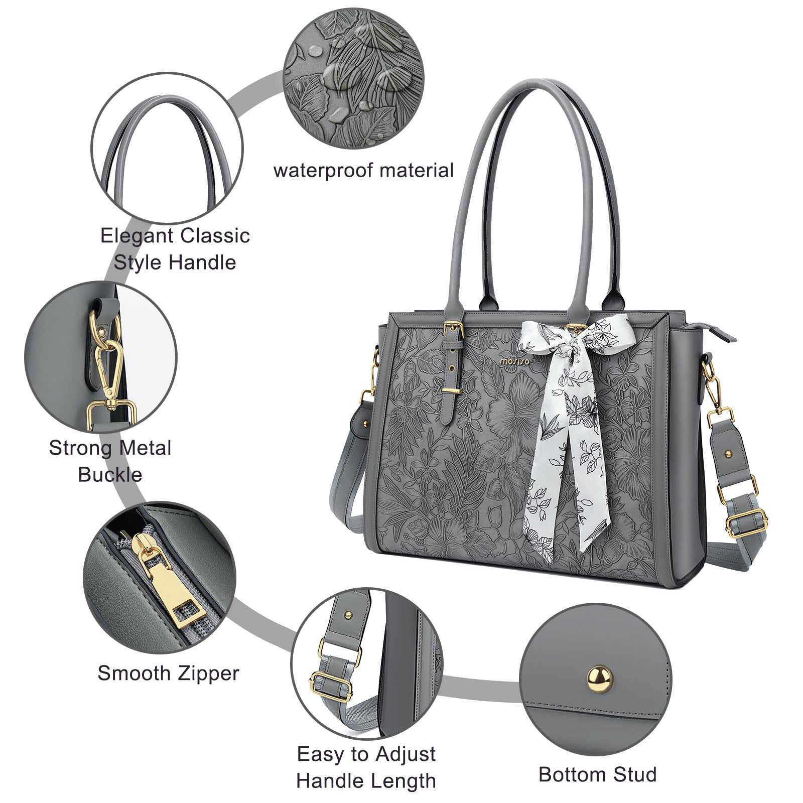 MOSISO Laptop Bag for Women, 17-17.3 inch PU Leathe Tote Bag Compatible with MacBook, HP, Dell, Asus Notebook, Front Embossed Retro Hibiscus Computer Bag with Silk Scarf&Clutch Purse, Gray