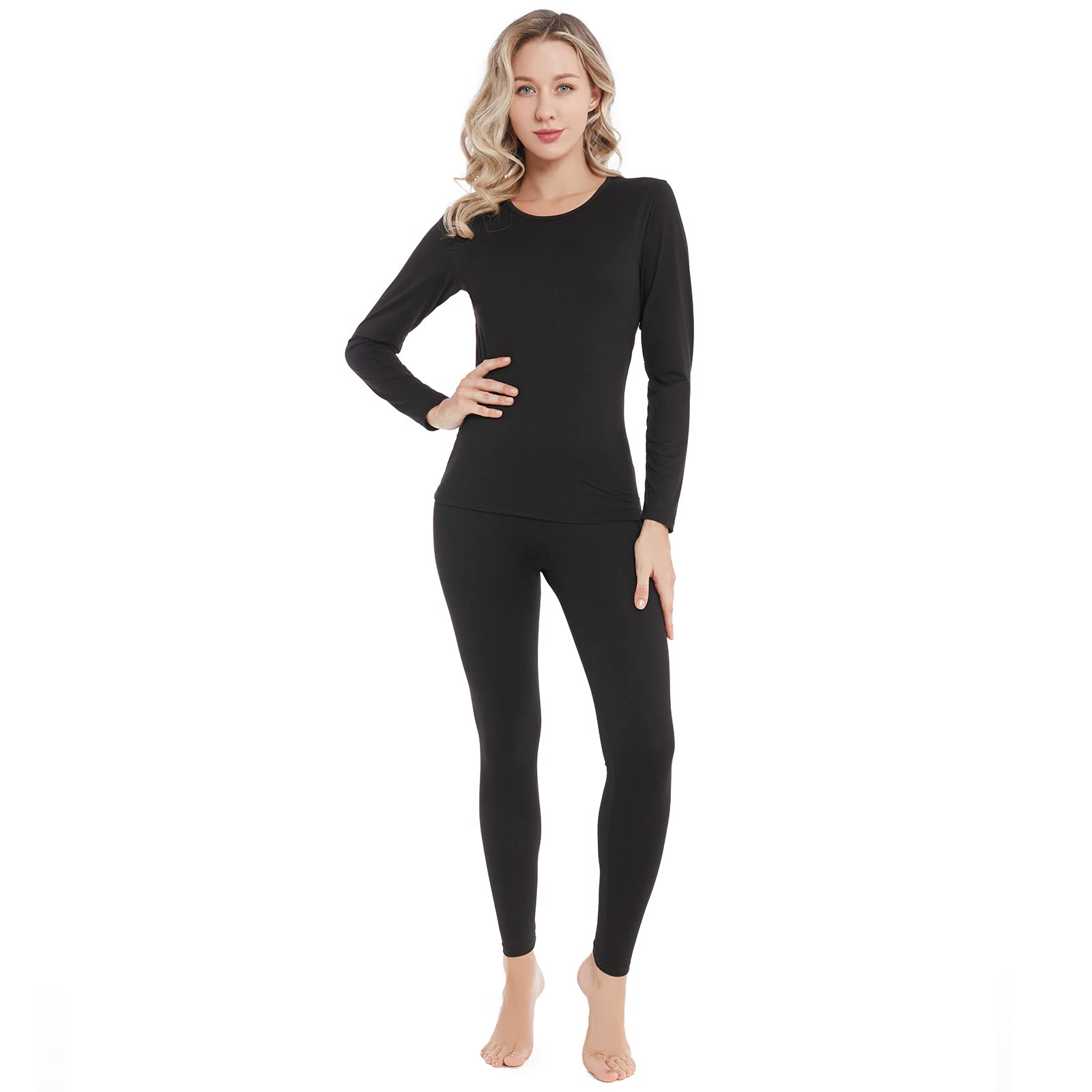 qingduomao Women's Thermal Underwear Set Ultra-Soft Top & Bottom Ski Base Layer Lightweight Long Johns, Black L