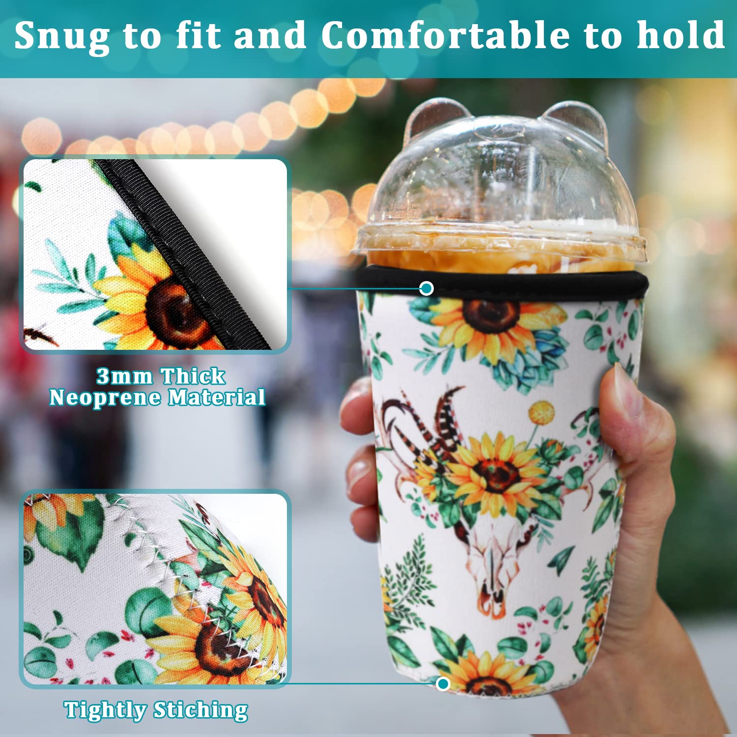 Reusable Iced Coffee Sleeve for Cold Drink Cups, Neoprene Insulator Cup Cover Holder Compatible with Starbucks Dunkin McDonalds Coffee - 3mm Thick (Large Size 30-32oz, Flowers Style