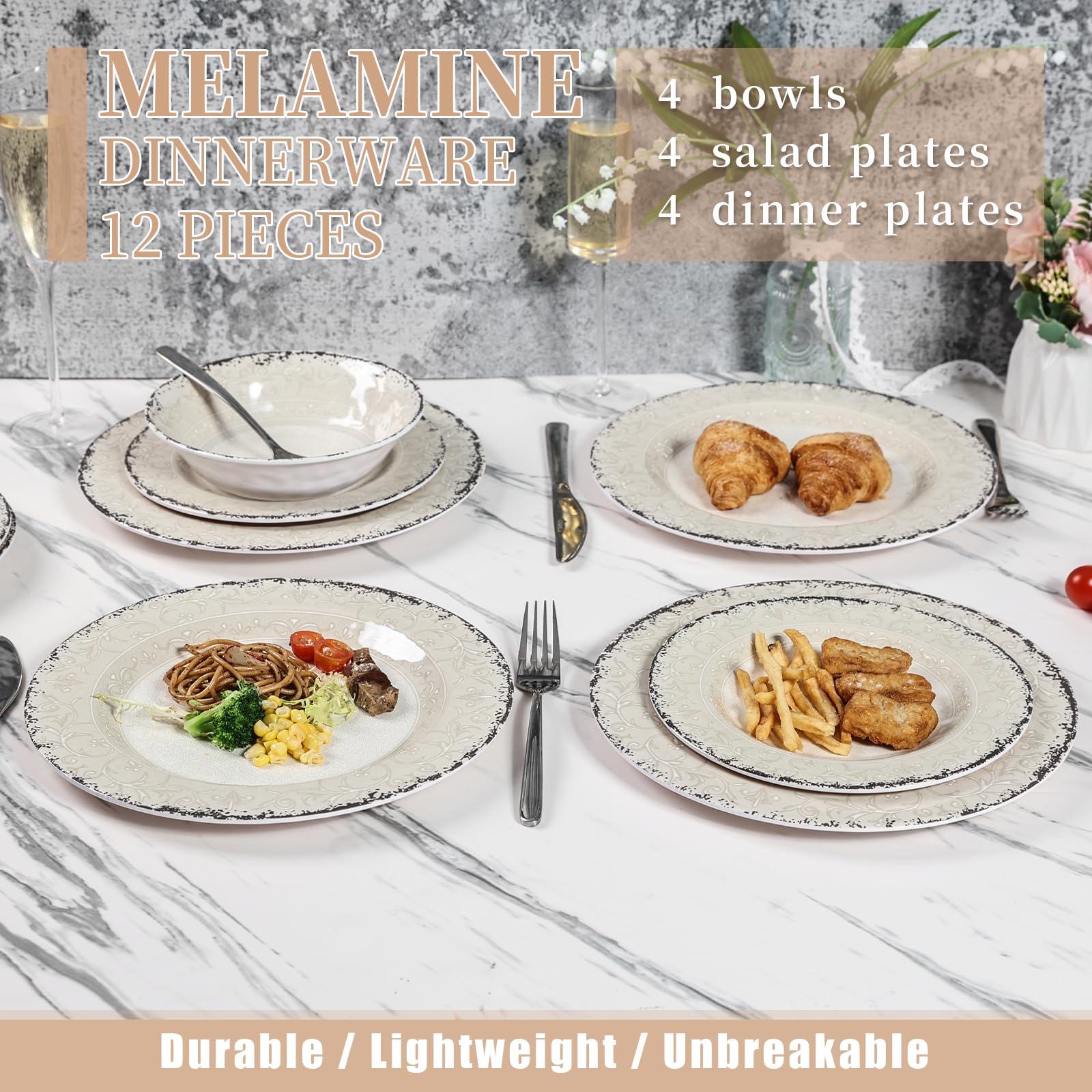Melamine Dinnerware Sets for 4-12pcs Dinnerware Dishes Set,Plate and Bowl Set, Indoor and Outdoor Use, Dishwasher safe, Unbreakable, Light Grey