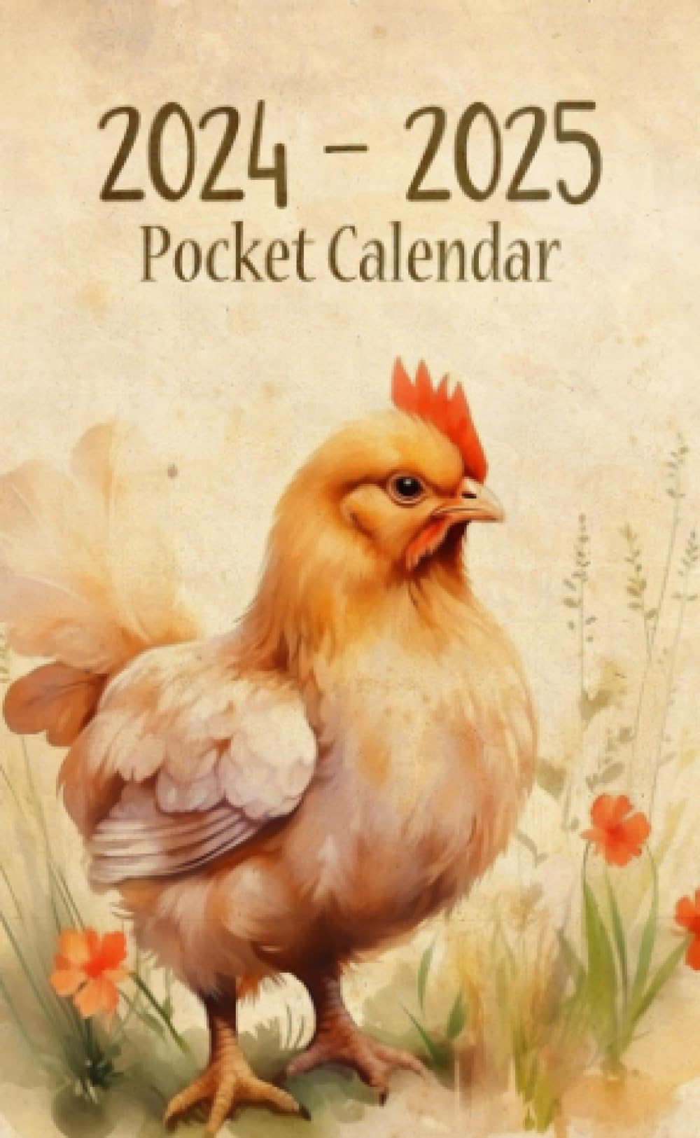 Pocket Calendar 2024-2025 For Purse: 2 Year Small Size 4 x 6.5 inches - Vintage Chicken Design