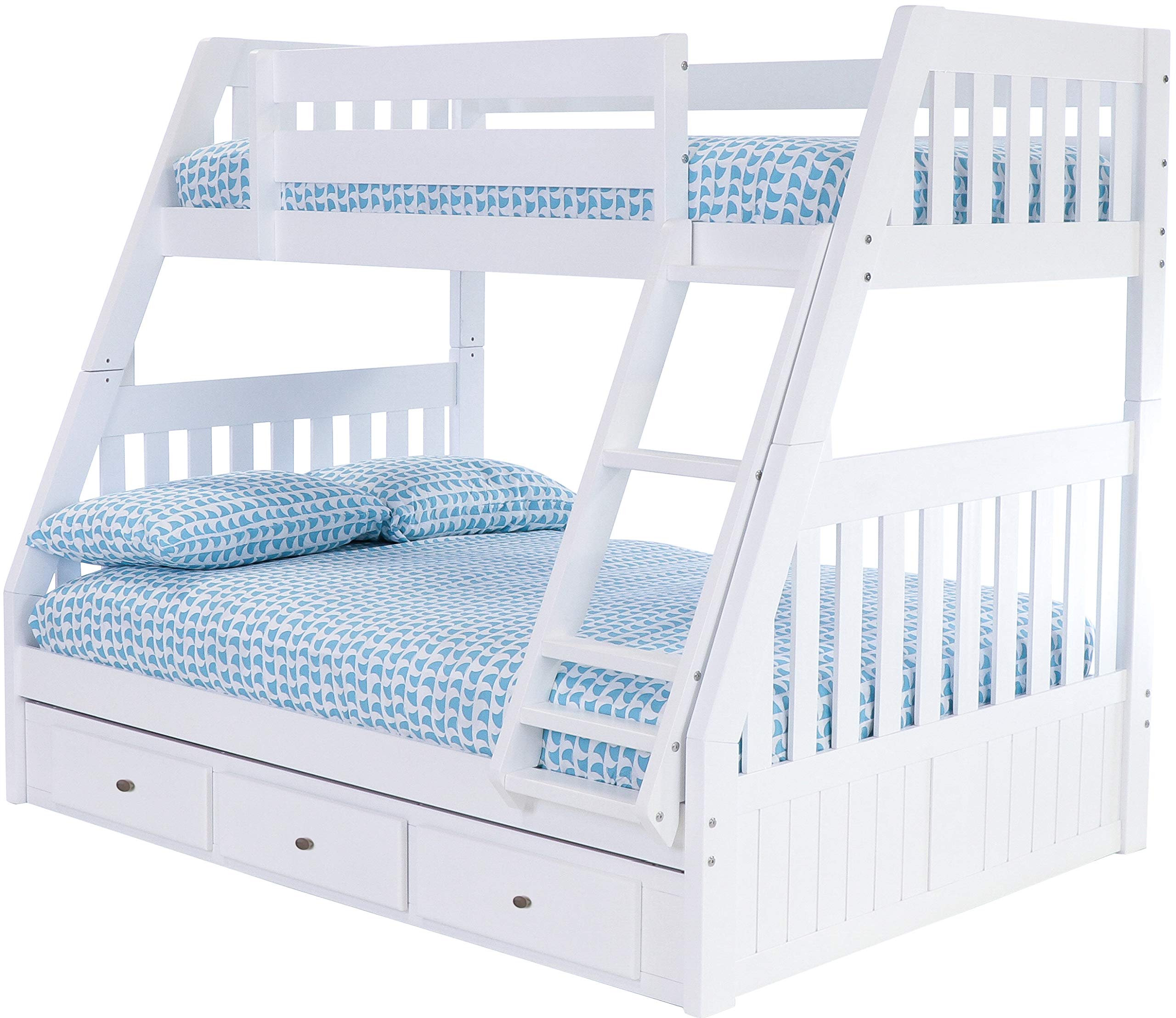OS Home and Office Furniture Model 0218R-TFW, Solid Pine Twin Over Full Bed with Three Drawers in Casual White Bunk