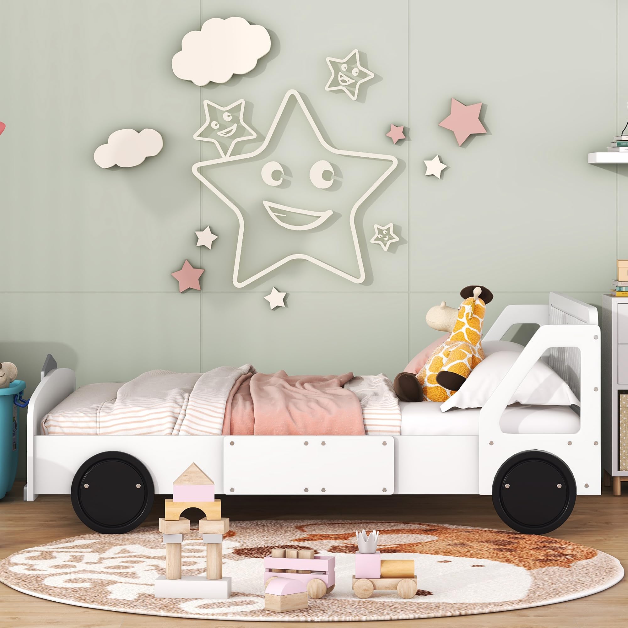MiHunnor Kids Race Car Bed, Full Size Car-Shaped Platform Bed with Wheels, Wooden Low Platform Bed with Sturdy Slat Support for Boys Girls, No Box Spring Needed (White-002)