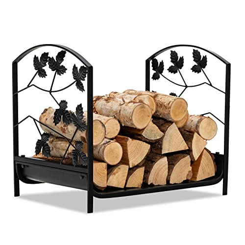 Tangkula 19 Inch Firewood Rack, Decorative Log Holder w/Leaf Patterns for Fireplace, Stove & Fire Pit, Compact Heavy Duty Powder-Coated Steel Wood Storage Accessory for Indoor & Outdoor Use, Black