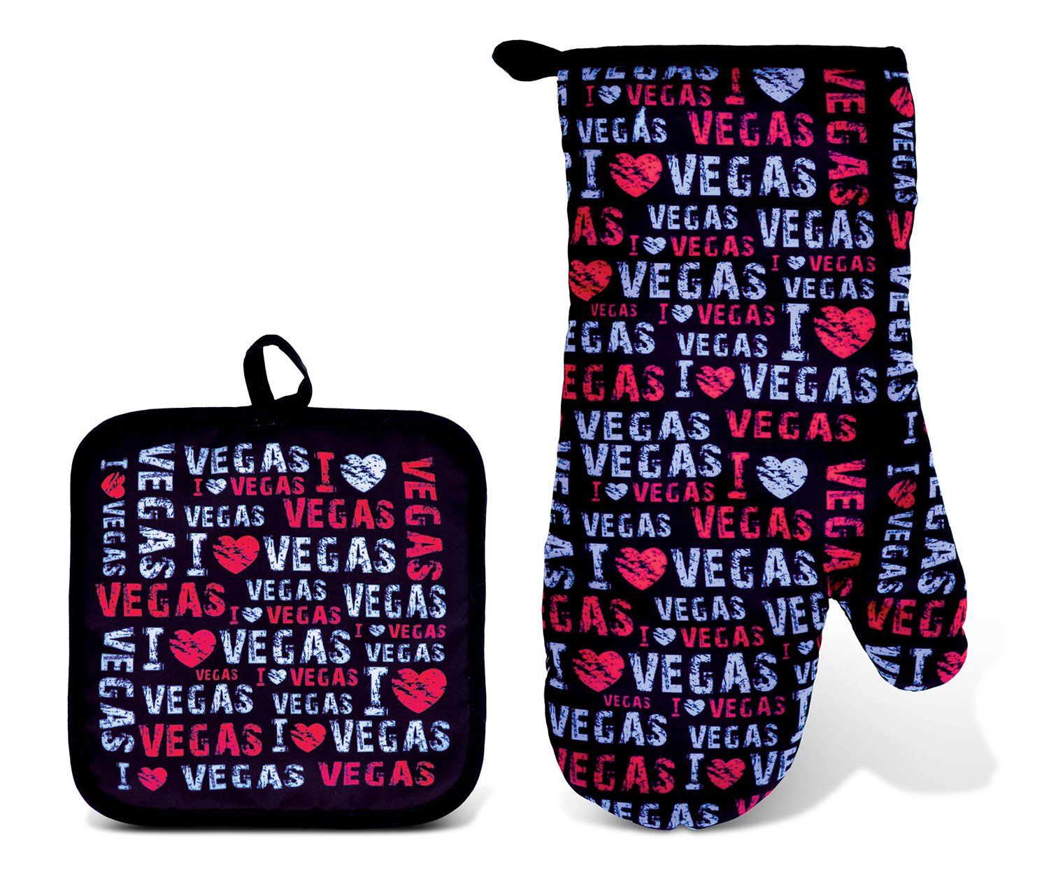 Puzzled Pot Holder & Oven Mitt Set I Love Vegas Kitchen Accessory Potholder Heat Resistant Non-Slip Grip Cooking Glove Machine Washable Baking Grilling BBQ Decorative Novelty Polyester Mitten Pink