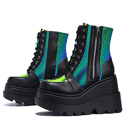NOLDARES Platform Boots Side Zipper Lace Up Goth Combat Boots for Women High Heel Thick Platform Colorful Wedge Boots, Black, 11