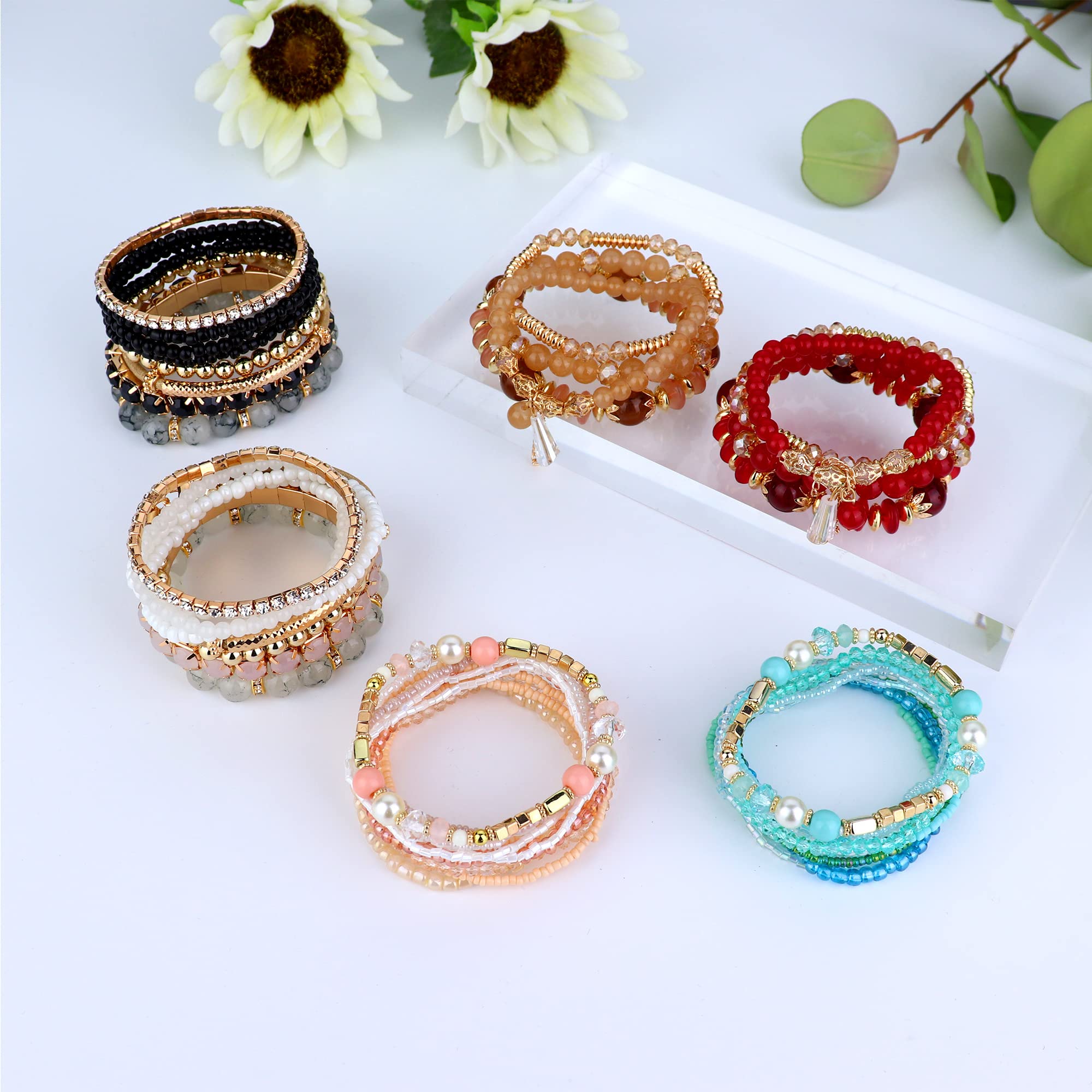 THUNARAZ 6 Sets Bohemian Beaded Bracelets for Women Multilayered Stackable Bracelet Pack Heart Pendant Crystal Bead Stretch Bracelet Trendy Adjustable Multicolor Jewelry