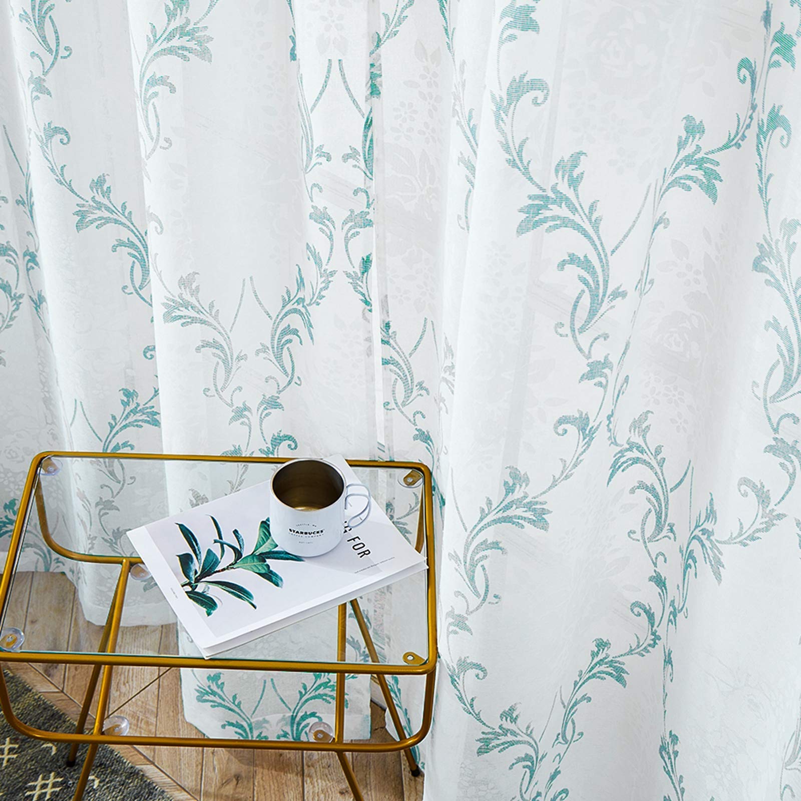 MRTREES Sheer Kitchen Tier Curtains, Short Cafe Curtains Rod Pocket, Small Scroll Damask Printed Bathroom Window Curtains Basement Damask Flower Print Tiers(2 Panels, 25x24 Inches, Taupe on White)