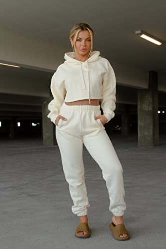TIC TOC Women’s Soft Fleece Oversized Sweatpants Casual Essential High Waisted Jogger Pants with Pockets, Cream, S
