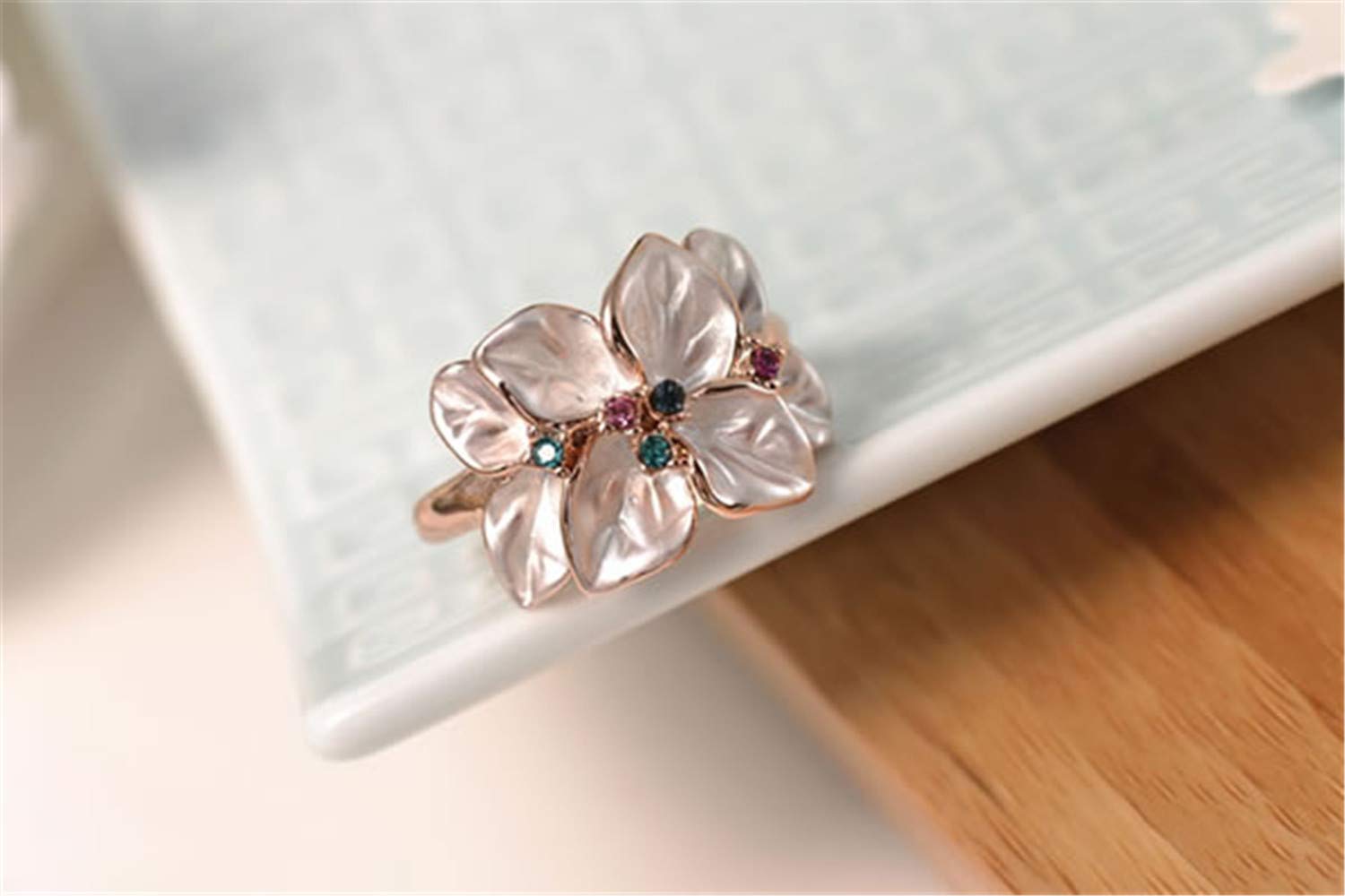 PAMTIER Women's White Enamel Flower 18K Rose Gold Plated Ring Color Cubic Zirconia Promise Size 8