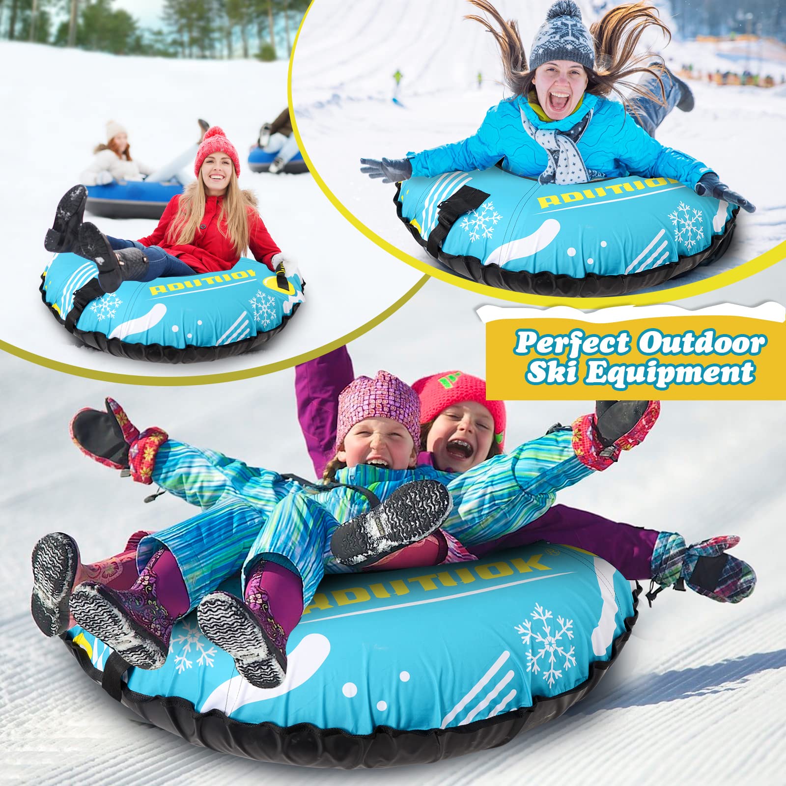 Rdutuok 47 Inch Inflatable Heavy Duty Snow Tube with Premium Canvas Cover and Nylon Tow Strap Safety Cushion Snow Tubes for Sledding