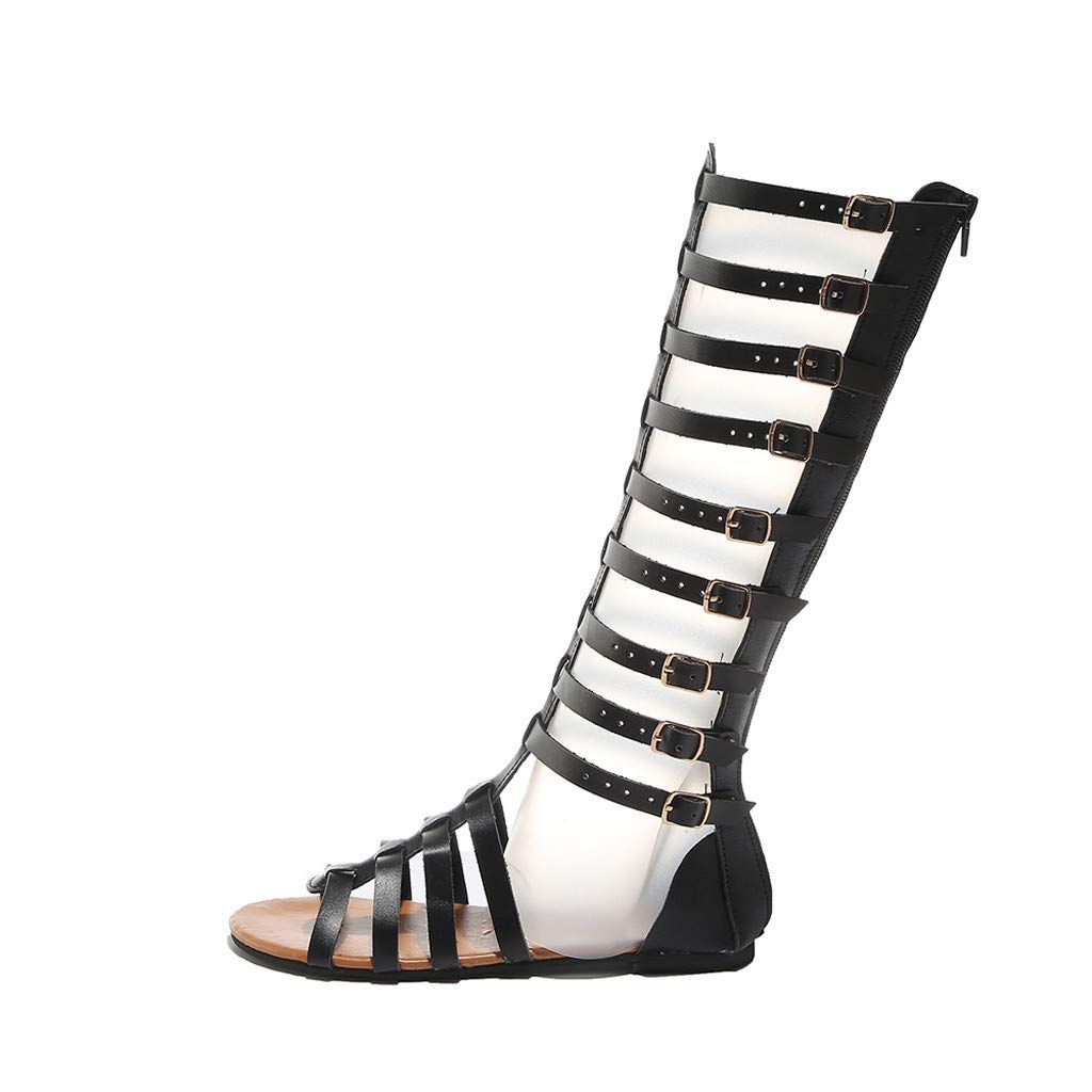 NOLDARES Sandal for Women Summer Casual Open Toe Knee High Boots Buckle Strap Gladiator Flat Sandals