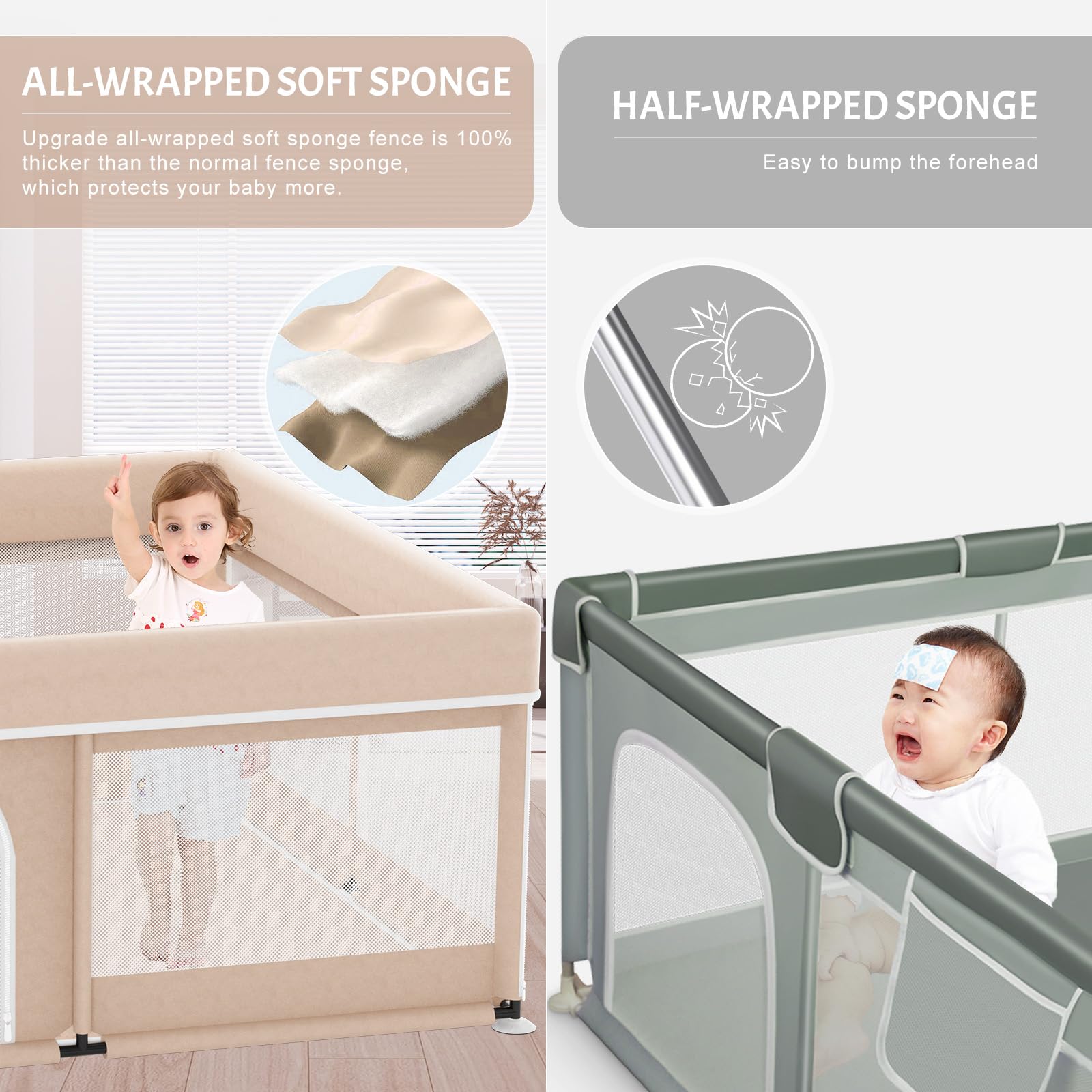 Omzer Baby Playpen with Mat 50x50inch: Large Playpen for Babies and Toddlers Indoor Safety Play Pen with Soft Breathable Mesh - All-Wrapped Sponge Sturdy Play Yard with Stable Mat Magic Sticker Beige