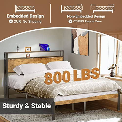 Zevemomo Queen Bed Frame with 2-Tier Storage Headboard and Power Outlets, USB Ports Charging Station, Heavy Duty Metal Platform Bed Frame 800 LBS Weight Capacity, Noise-Free & No Box Spring Needed