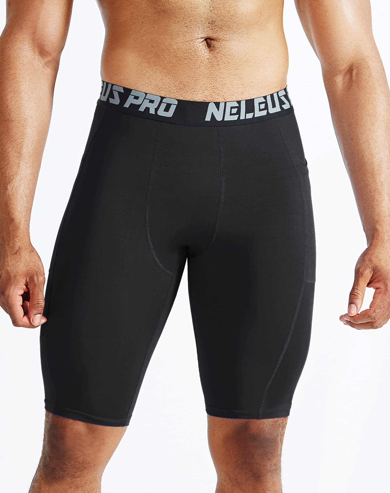 NELEUS Men's 3 Pack Compression Shorts with Pockets Dry Fit Yoga Running Shorts,6063,Black/Grey/Navy Blue,US L,EU XL