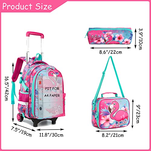 Oruiji Girls Rolling Backpack for School Backpack with Wheels for Girls Wheeled Backpack with Lunch Bag Kids Travel Suitcase
