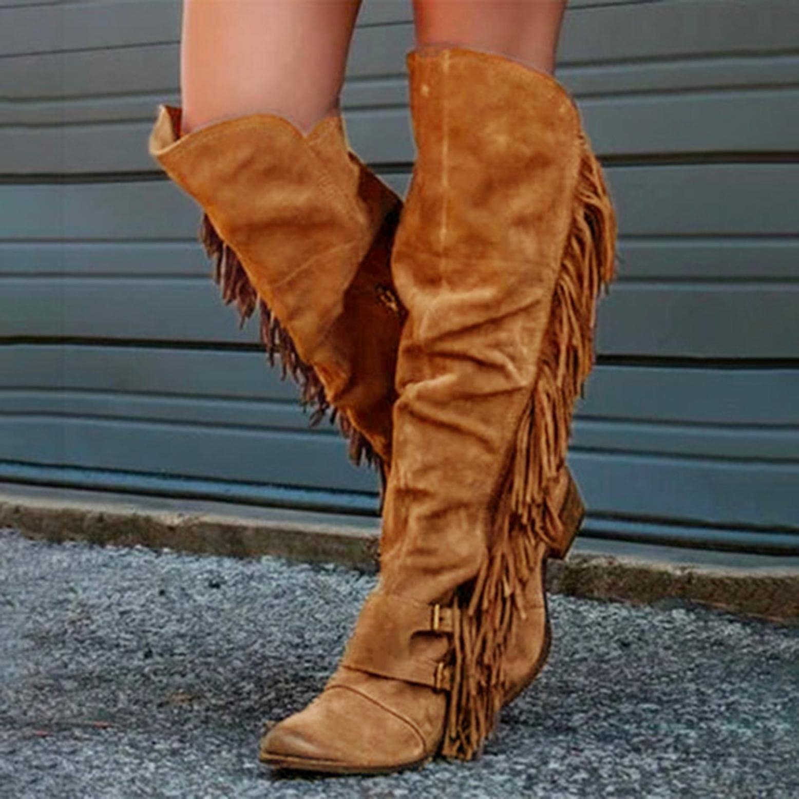 NOLDARES Womens Mid Calf Boots Chunky Heel Fringe Vintage Cowgirl Cowboy Western Knee High Boots Zipper Pointed Toe Boots