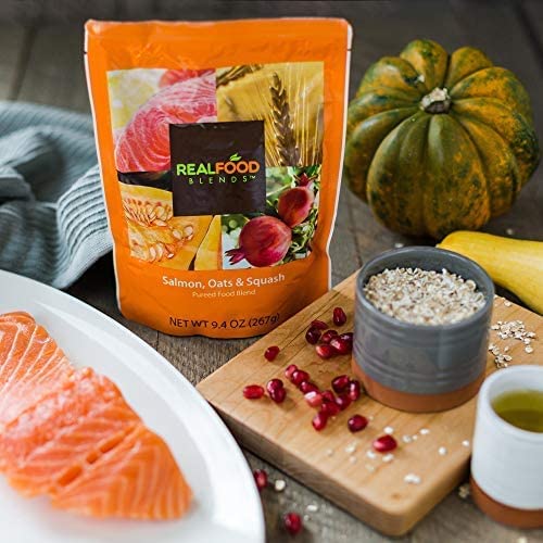 Real Food Salmon, Oats & Squash Pureed Blended Meal for Feeding Tubes, 9.4 oz Pouch (Pack of 12 Pouches)