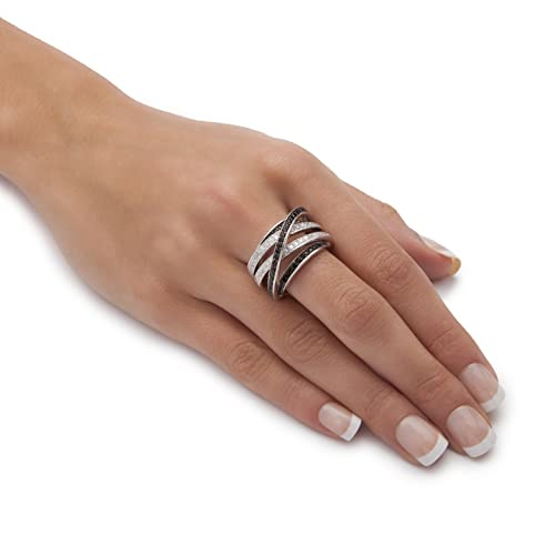 Palm Beach Jewelry Silvertone Round Black and White Cubic Zirconia Simulated Crossover Ring Sizes 6-10 Size 6