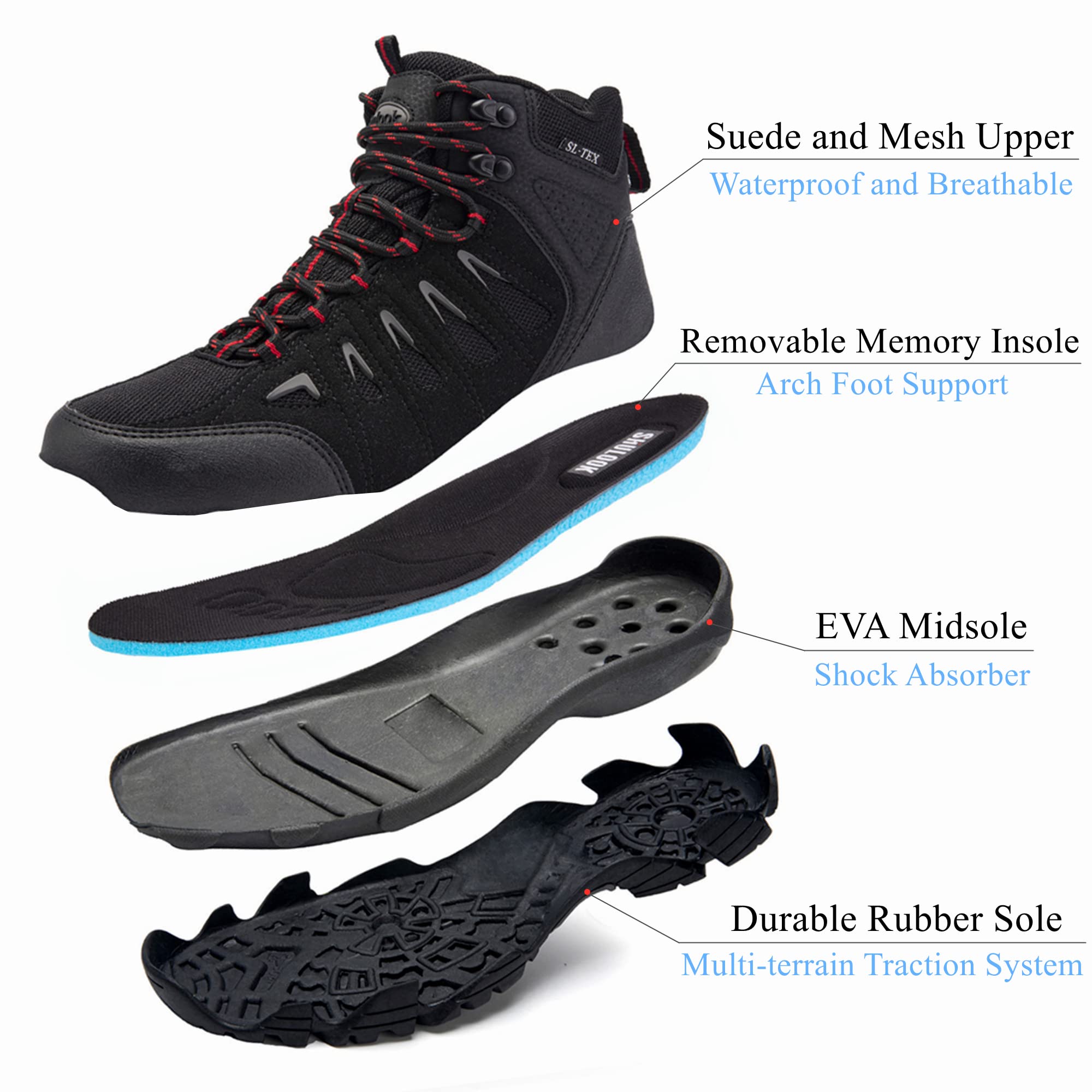 SHULOOK Men's Waterproof Hiking Boots Non-Slip Lightweight Outdoor Mid Top Ankle Boot Breathable Hiker Work Trekking Shoes