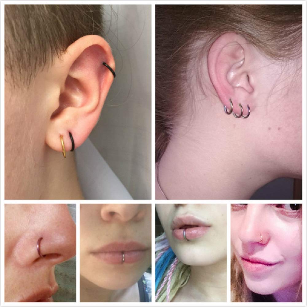NewZenro 8Pcs Surgical Stainless Steel Sleeper Cartilage Daith Tiny Silver Small Huggie Hoop Earrings Mini Septum Hinged Clicker Nose Ring Helix Tragus Piercing for Women Mens 8mm 10mm Set 18g Gifts