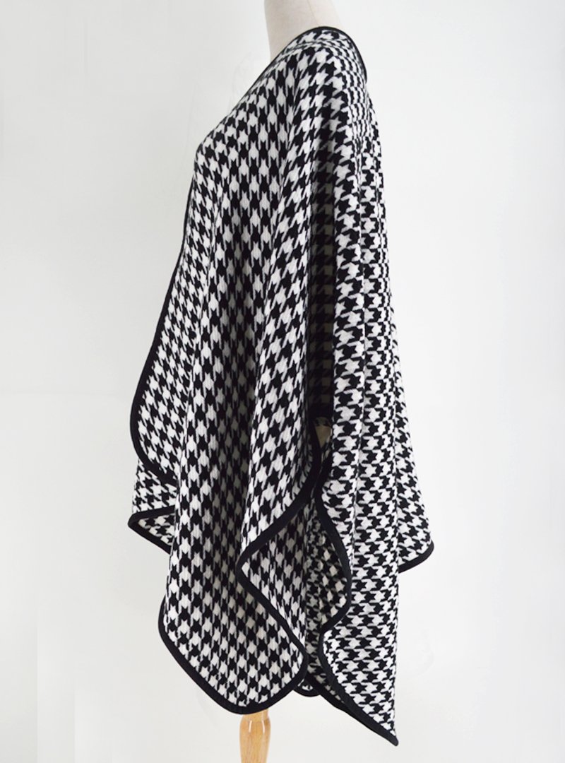 Monique Women Vintage Reversible Houndstooth Scarf Large Shawl Winter Warm Cashmere-like Wrap Open Front Cardigan Poncho Cape Sweater Black