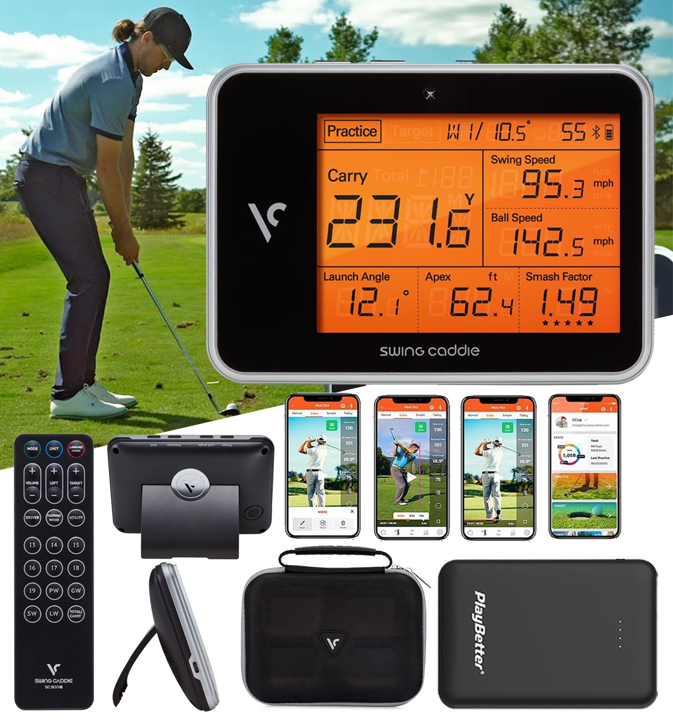 PlayBetter Swing Caddie SC300i Portable Golf Launch Monitor - Accurate Carry/Total Distance, Smash Factor, Ball Speed - Doppler Shot Tracker - Bundle with Protective Case Portable Charger