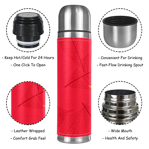 Stainless Steel Leather Vacuum Insulated Mug Leaf Thermos Water Bottle for Hot and Cold Drinks Kids Adults 16 Oz