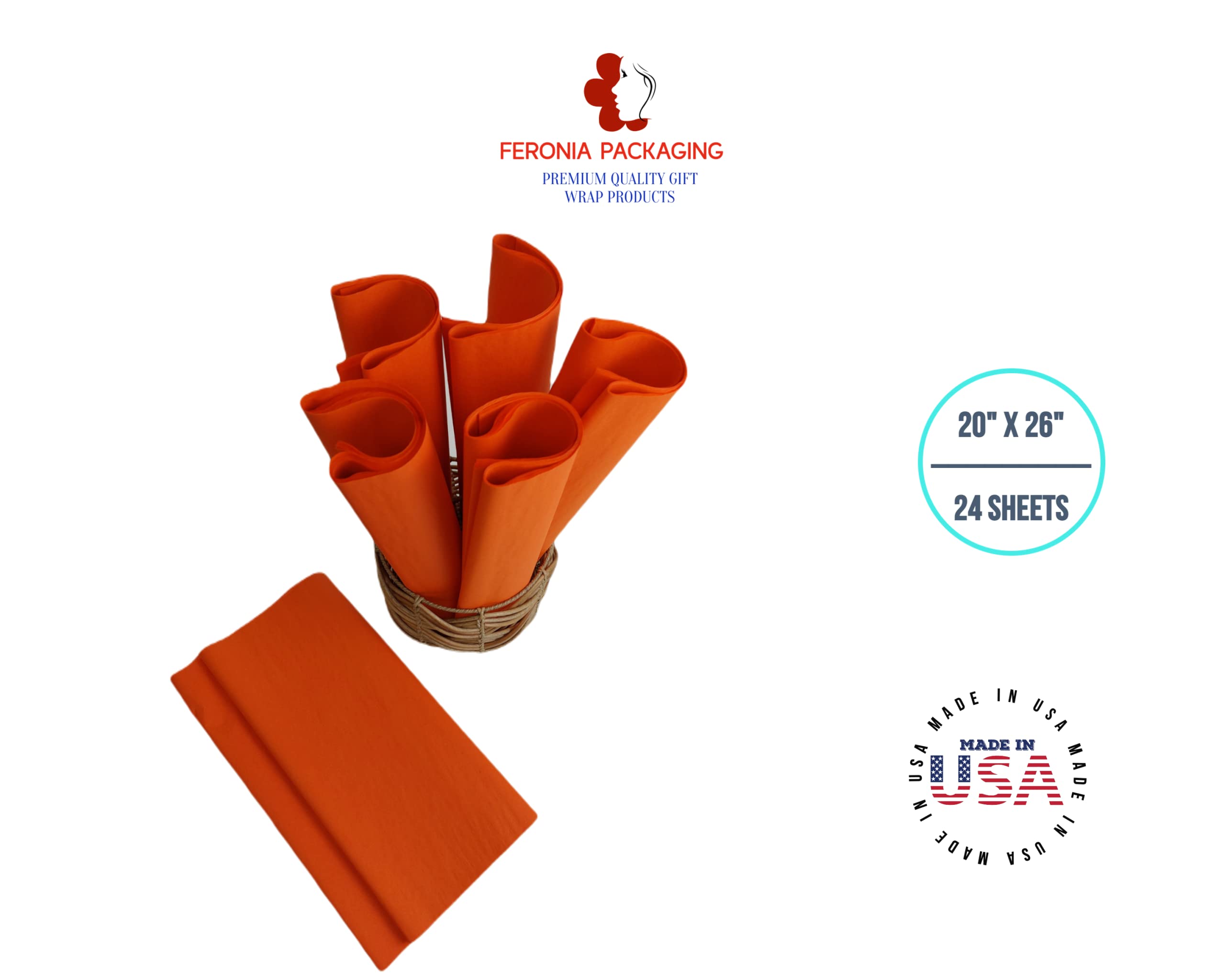 Orange Tissue Paper Squares, Bulk 24 Sheets, Premium Gift Wrap and Art Supplies for Birthdays, Holidays, or Presents by Feronia packaging, Large 20 Inch x 26 Inch