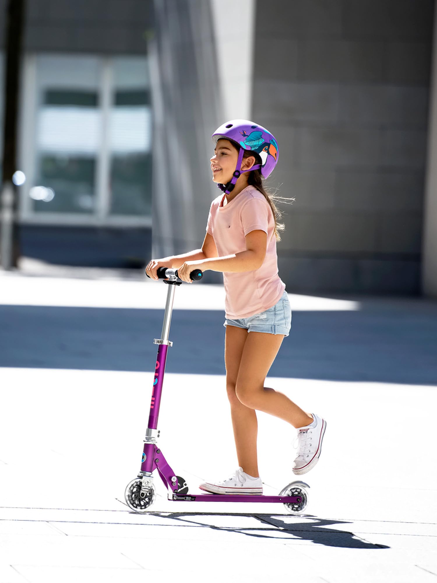 Micro Kickboard- Sprite LED - 2 Wheeled Kick Scooter Ages 6+, fold-to-Carry, Lightweight, Portable Scooter with Motion-Activated Light-up Wheels (Purple Stripe)