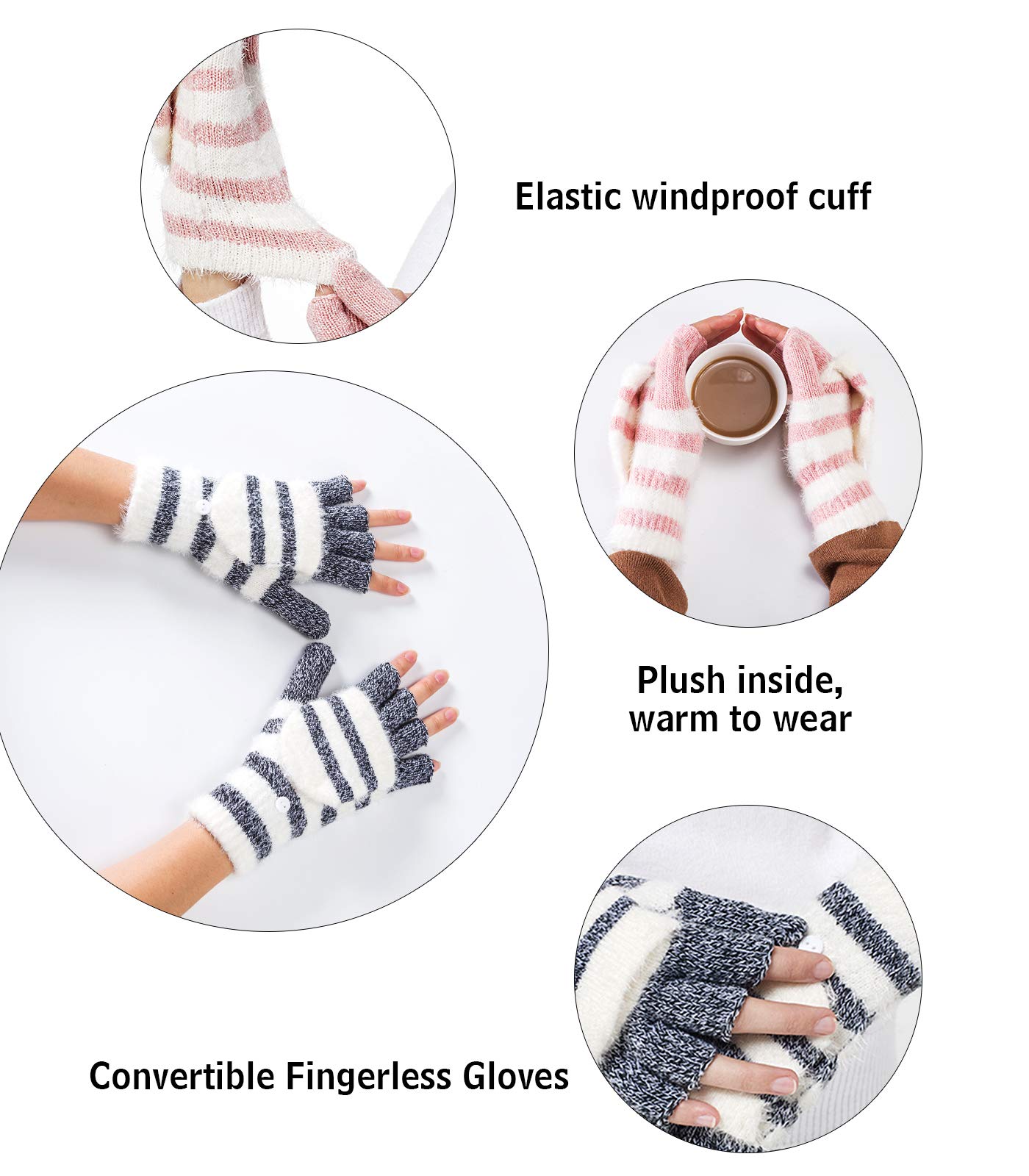 REACH STAR Winter Knitted Convertible Fingerless Gloves Warm Mitten Glove for Women Half Finger Flip Top Thermal Texting(Black)