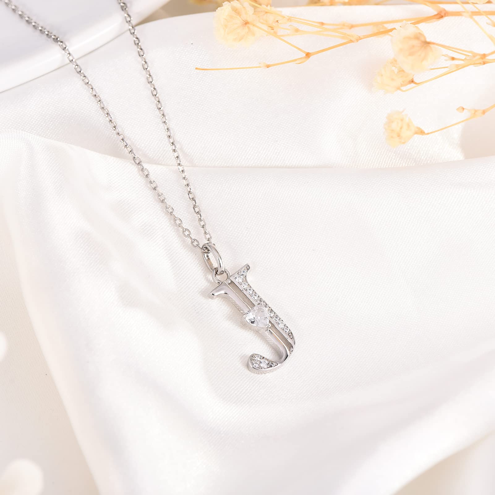 Sianilvera Jewelry Sterling Silver Initial Letter Alphabet Love Heart Cubic Zirconia Pendant Necklace J
