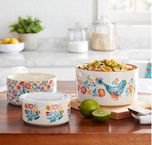 The Pioneer Woman Mazie 6-Piece Round Ceramic Nesting Bowl Set with Build-In Steam Release,15.5 ounce