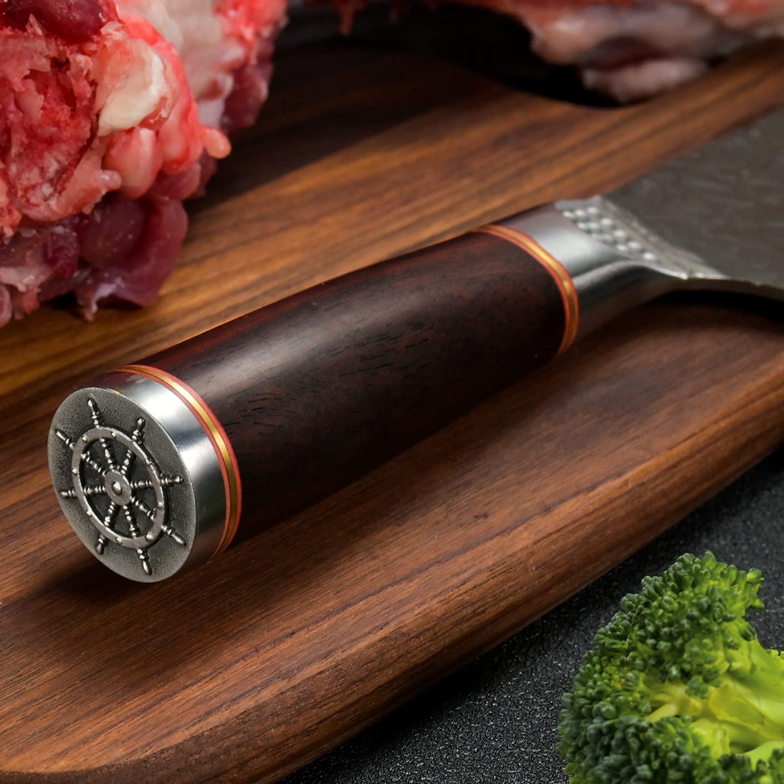 Promithi Japanese High Carbon Steel Forging Handmade Kitchen Chef Knife with Sheath, Used for Cleaver Butcher Chopper Boning, Documas Plaid,Wooden Handle (brown)