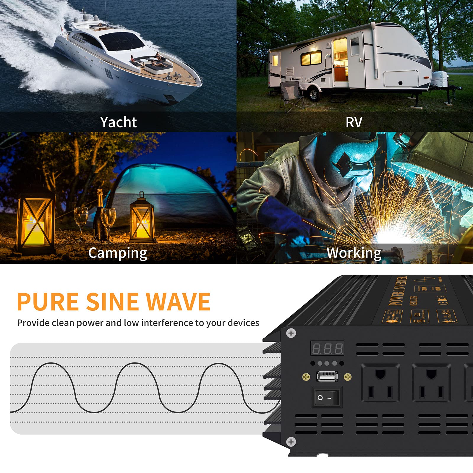 Osxcaues Pure Sine Wave 3000W Power Inverter 24V DC to 110V AC Remote Control Converter with 3 AC outlets for Solar System Truck Boat Car