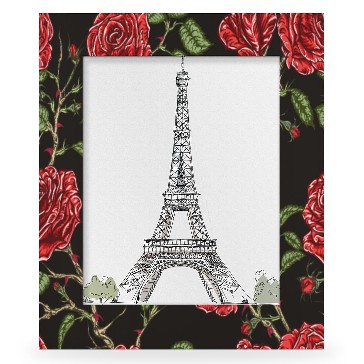 POFATO Skull Red Roses Stems 8x10 Picture Frame Wood Photo Frame for Tabletop Display Wall Mount Picture Frame Display 8 x 10 Inch Photo Wall Decor Home Gift Frames