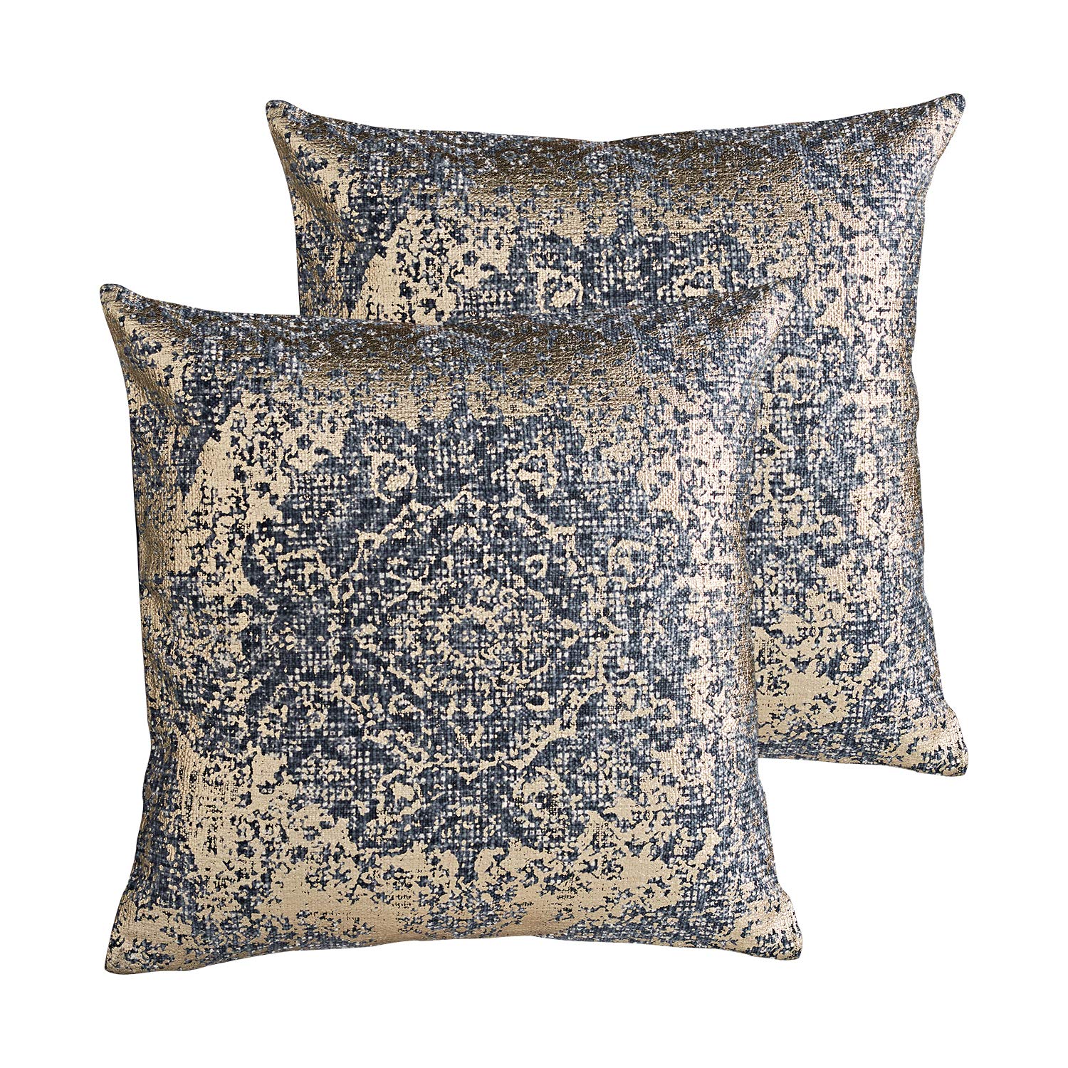 MOTINI Decorative Throw Pillow Covers Blue and Gold Cushion Covers Accent Cotton Cozy Cushion Cases Textured Pillowcases - Pack of 2-18" x 18"