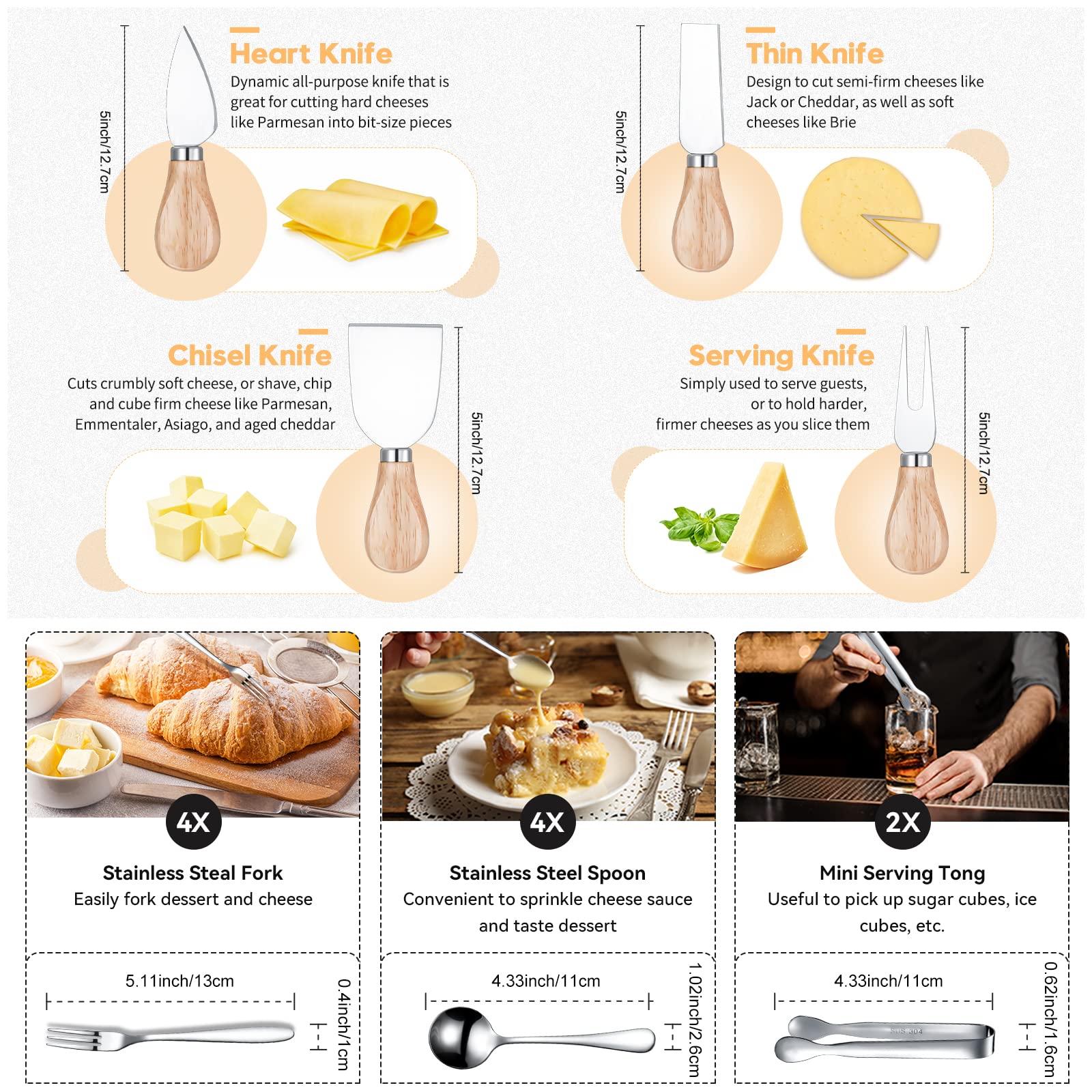 Yetene Charcuterie Board Accessories Spreader Knife Set Cheese Butter Utensils Wood Cutting with Handle Serving Tongs Spoon Fork for Wedding Christmas Housewarming Party Gift, one size